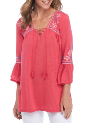 New Directions® Weekend Three-Quarter Sleeve Embroidered Gauze Blouse ...