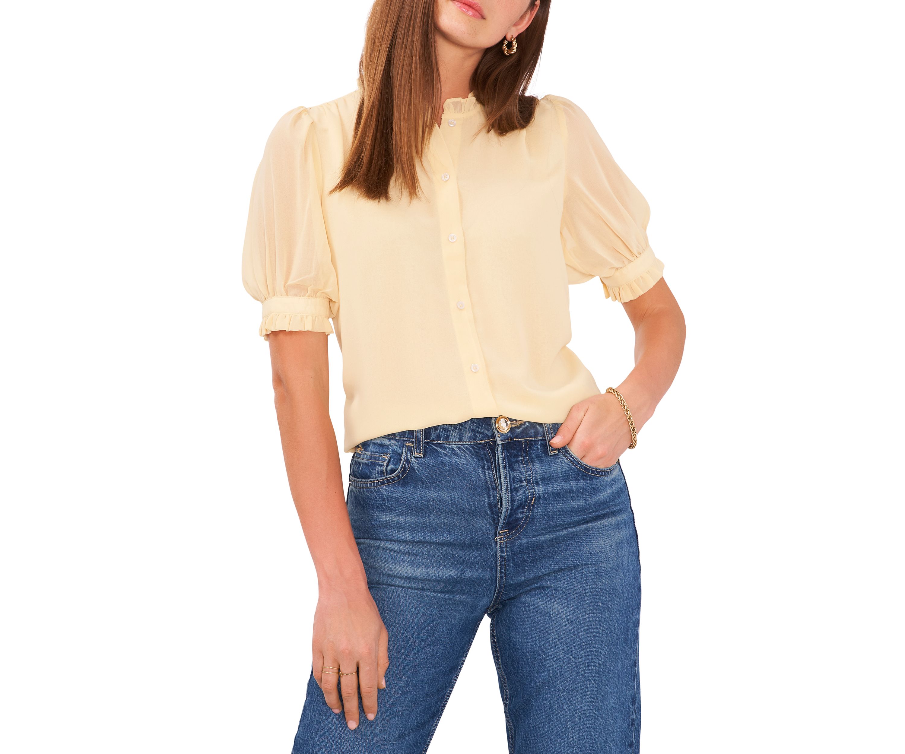 1.State Women's Short Sleeve Ruffled Crew Neck Button Up Top | Belk