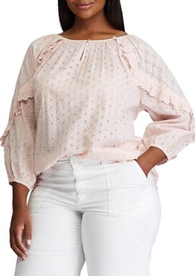 Chaps Plus Size Parson Long Sleeve Eyelet Woven Top | belk