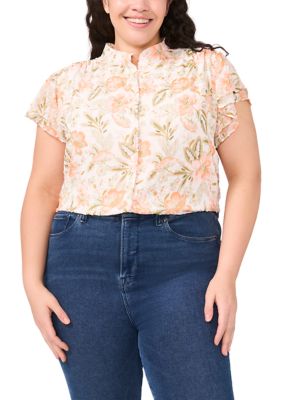 CeCe Plus Size Short Sleeve Button Front Double Flutter Top | belk