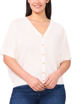 CeCe Plus Size Short Sleeve Button Front Sweater | belk