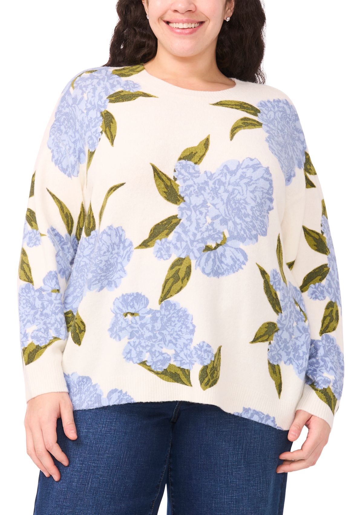 CeCe Plus Size Hydrangea Crew Neck Sweater | Belk