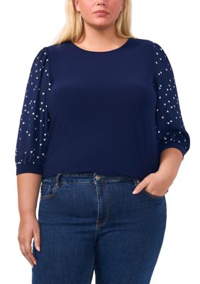CeCe Plus Size Knit Top with Woven Sleeves | belk