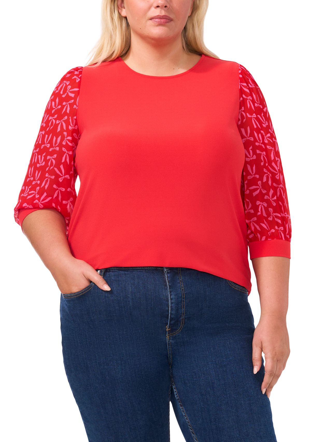 CeCe Plus Size Knit Top with Woven Sleeves | Belk