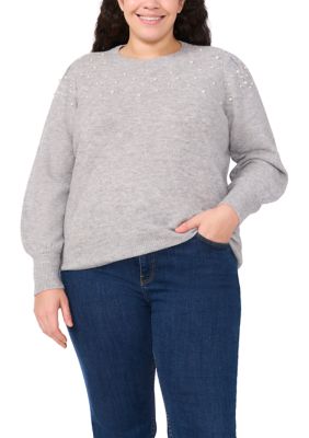 CeCe Plus Size Crew Neck Long Sleeve Pearl Embellished Sweater | belk