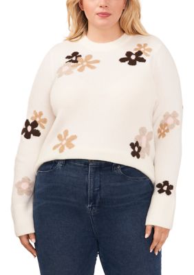 CeCe Plus Size Crew Neck Groovy Flowers Sweater | belk