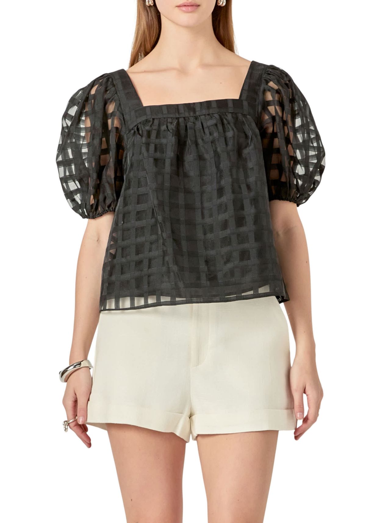 ENGLISH FACTORY Organza Gridded Square Neck Crop Top | Belk