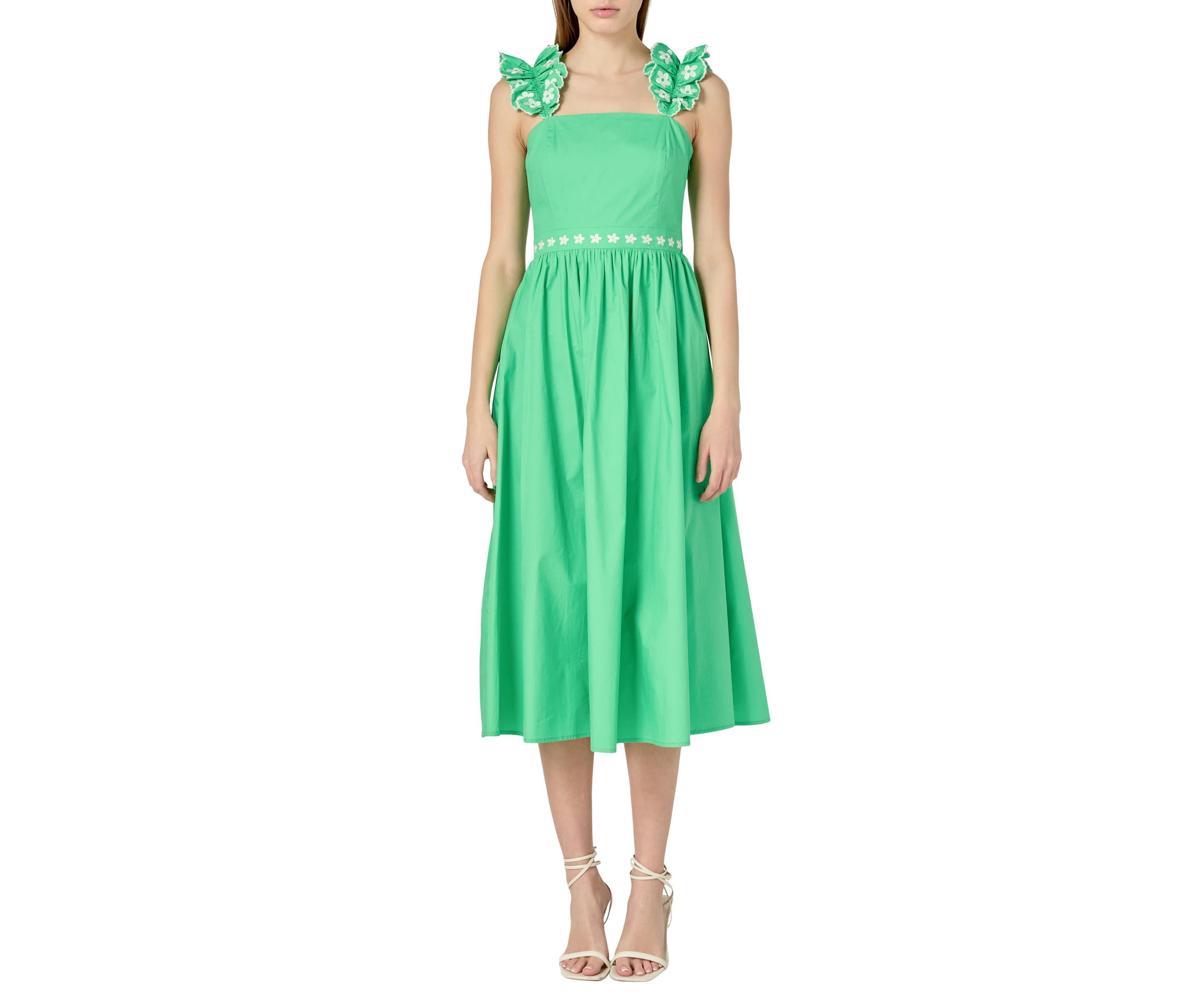ENGLISH FACTORY FLOWER EMBROIDERED RUFFLE MIDI DRESS | Belk