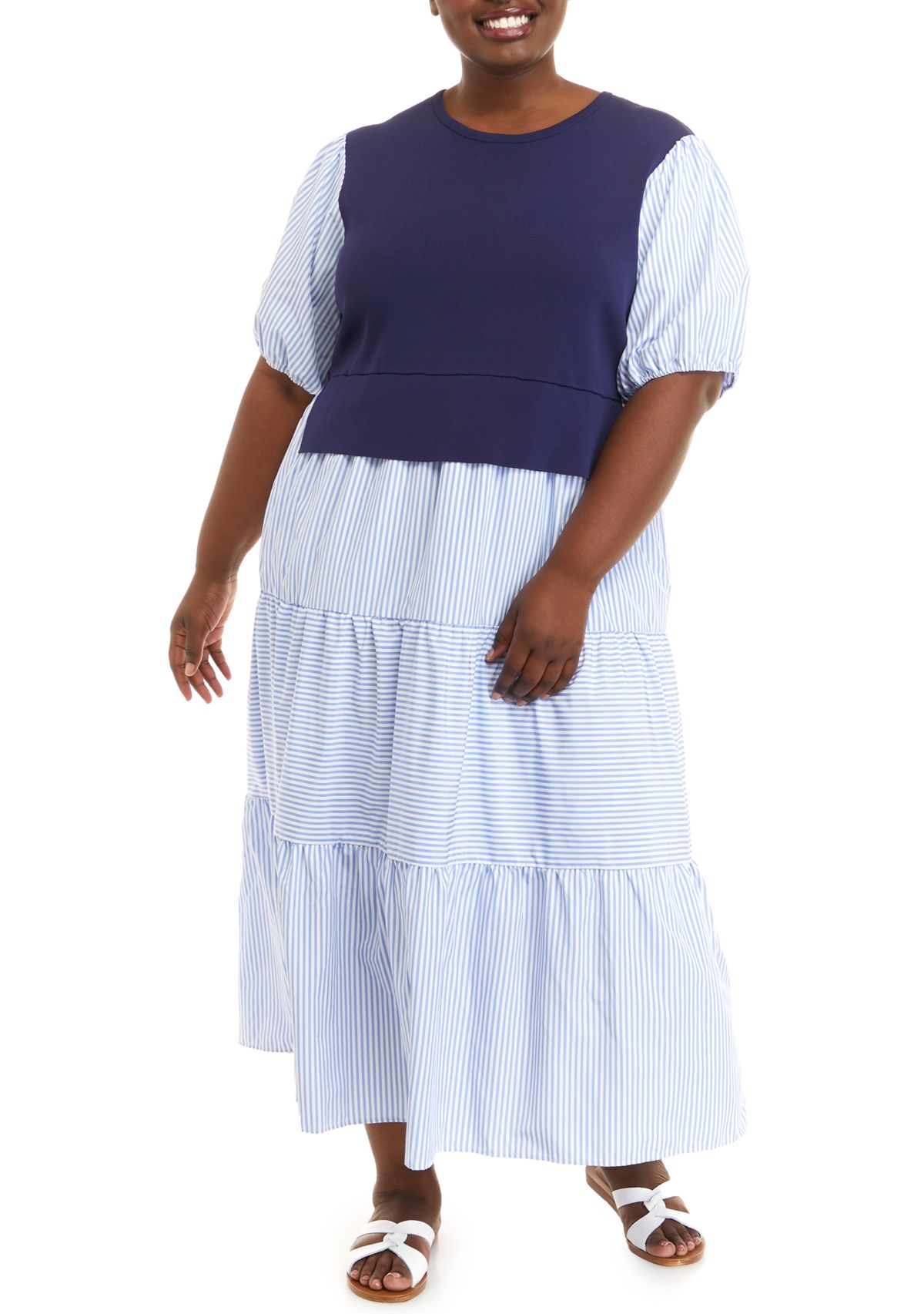 ENGLISH FACTORY Plus Size Short Sleeve Striped Mixed Media Maxi Dress ...