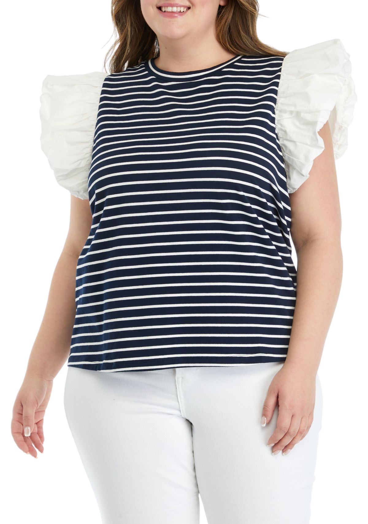 ENGLISH FACTORY Plus Size Stripe Knit Top with Poplin Puff Sleeves | Belk