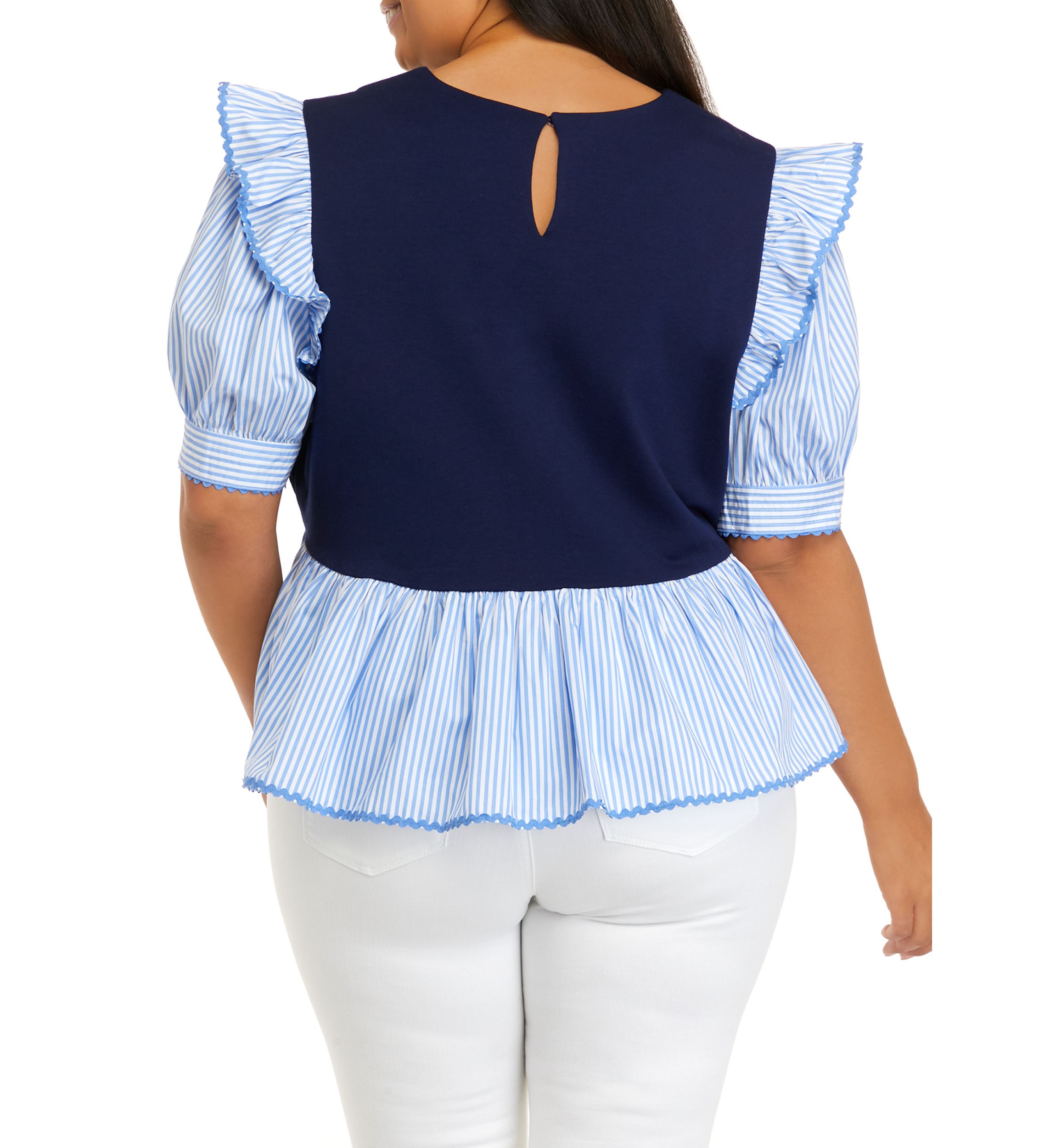 ENGLISH FACTORY Plus Size Elbow Sleeve Mixed Media Top | Belk