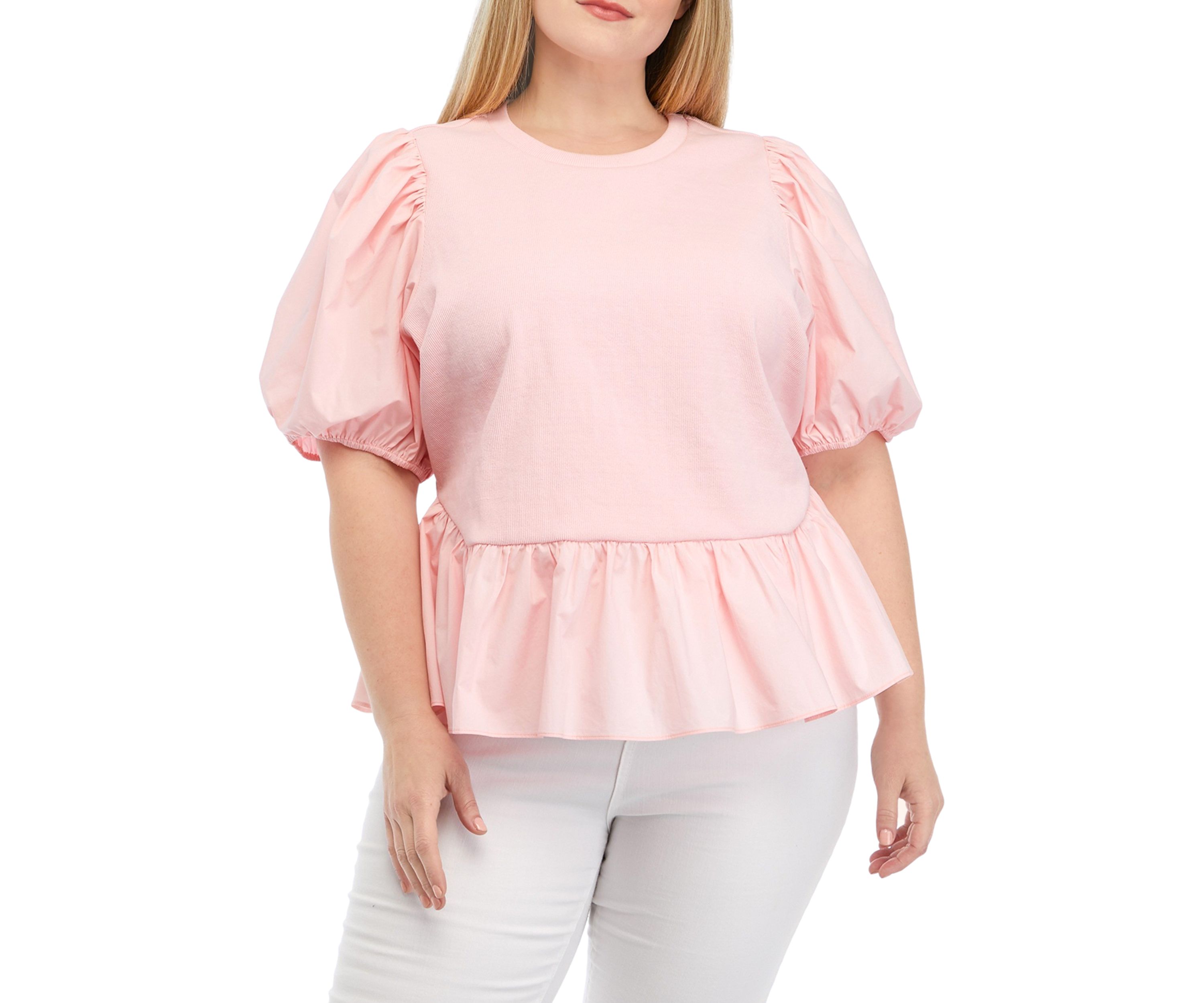 ENGLISH FACTORY Plus Size Puff Sleeve Mixed Media Top | Belk