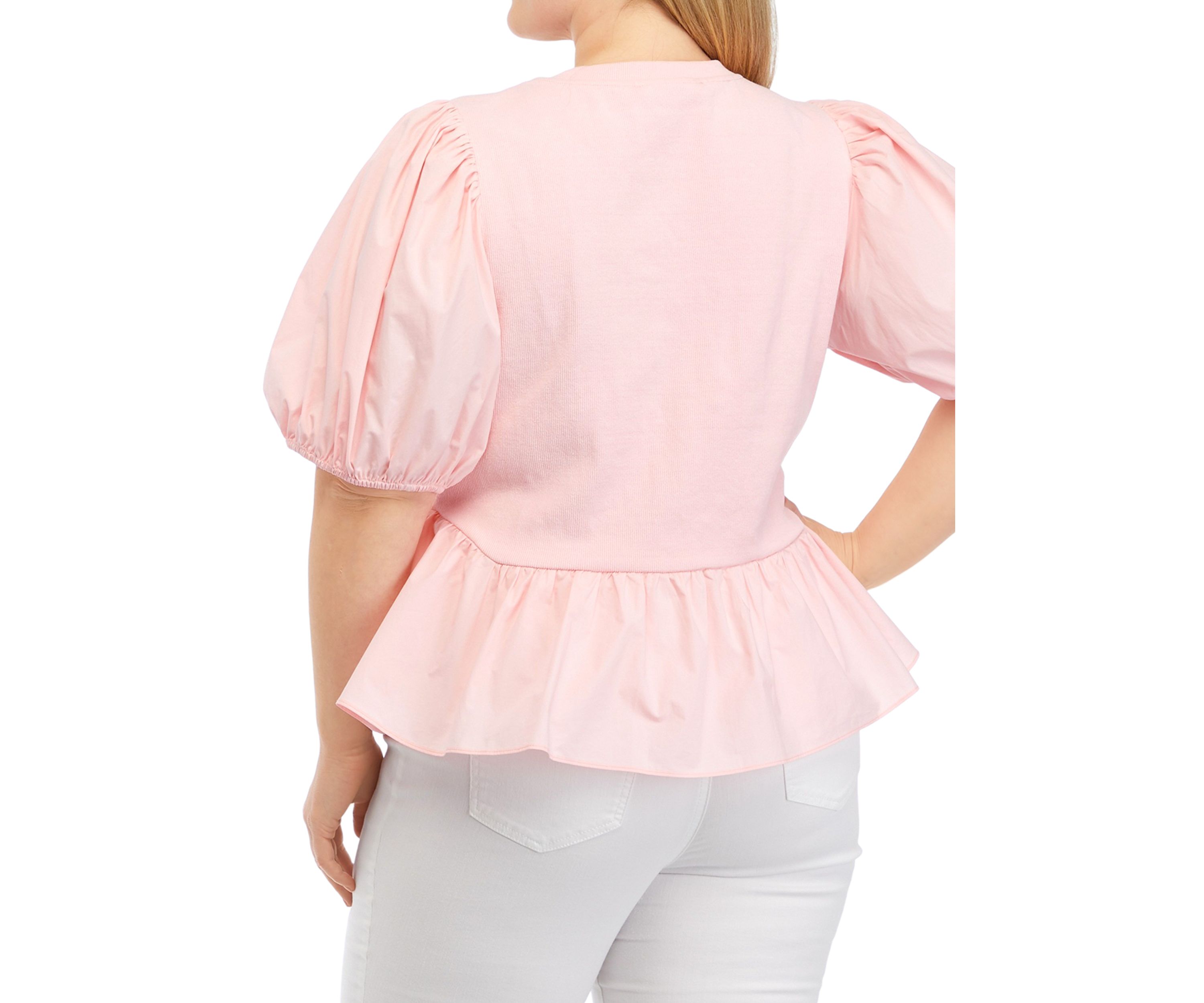 ENGLISH FACTORY Plus Size Puff Sleeve Mixed Media Top | Belk
