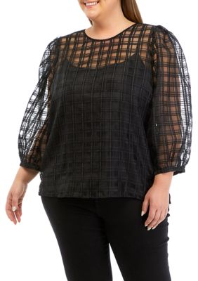 ENGLISH FACTORY Plus Size Long Sleeve Plaid Organza Top | Belk