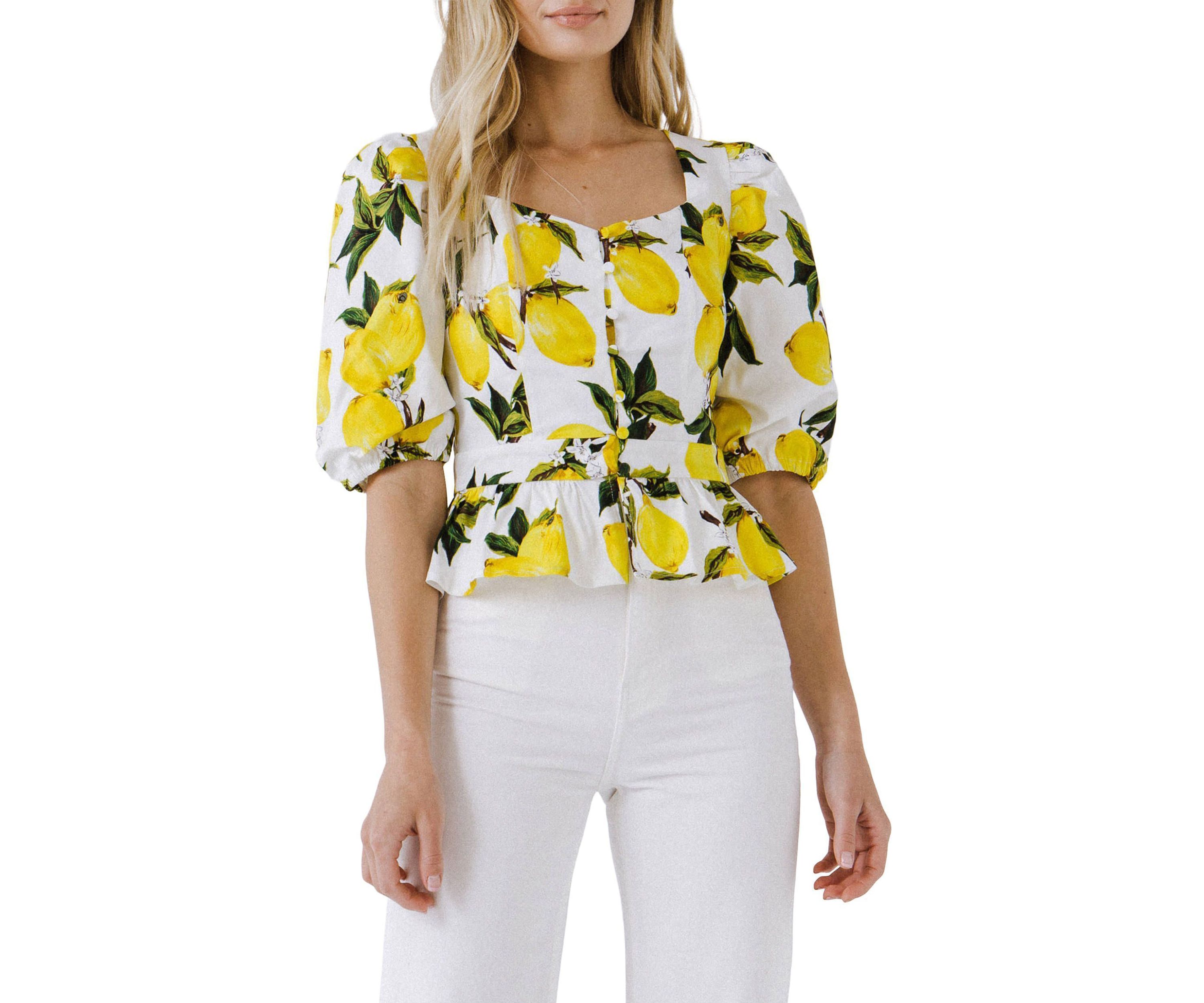 ENGLISH FACTORY Lemon Printed Peplum Top | Belk