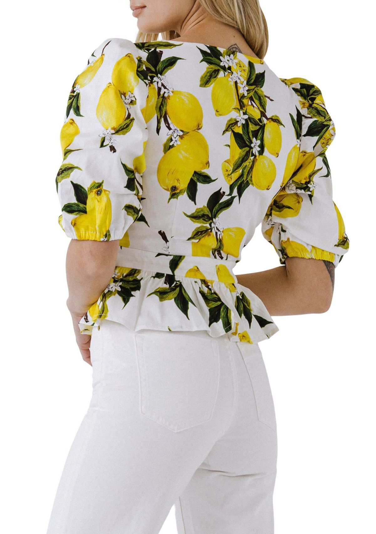 ENGLISH FACTORY Lemon Printed Peplum Top | Belk