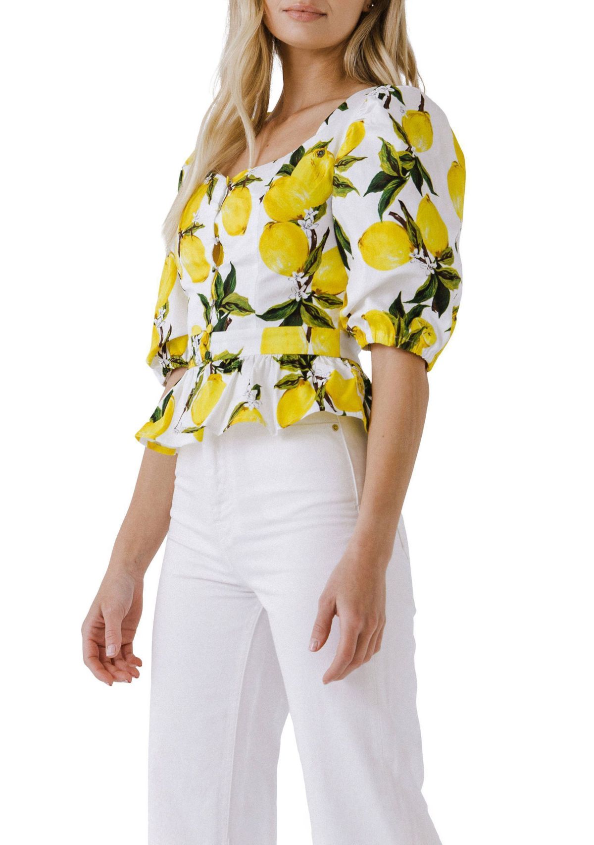 ENGLISH FACTORY Lemon Printed Peplum Top | Belk