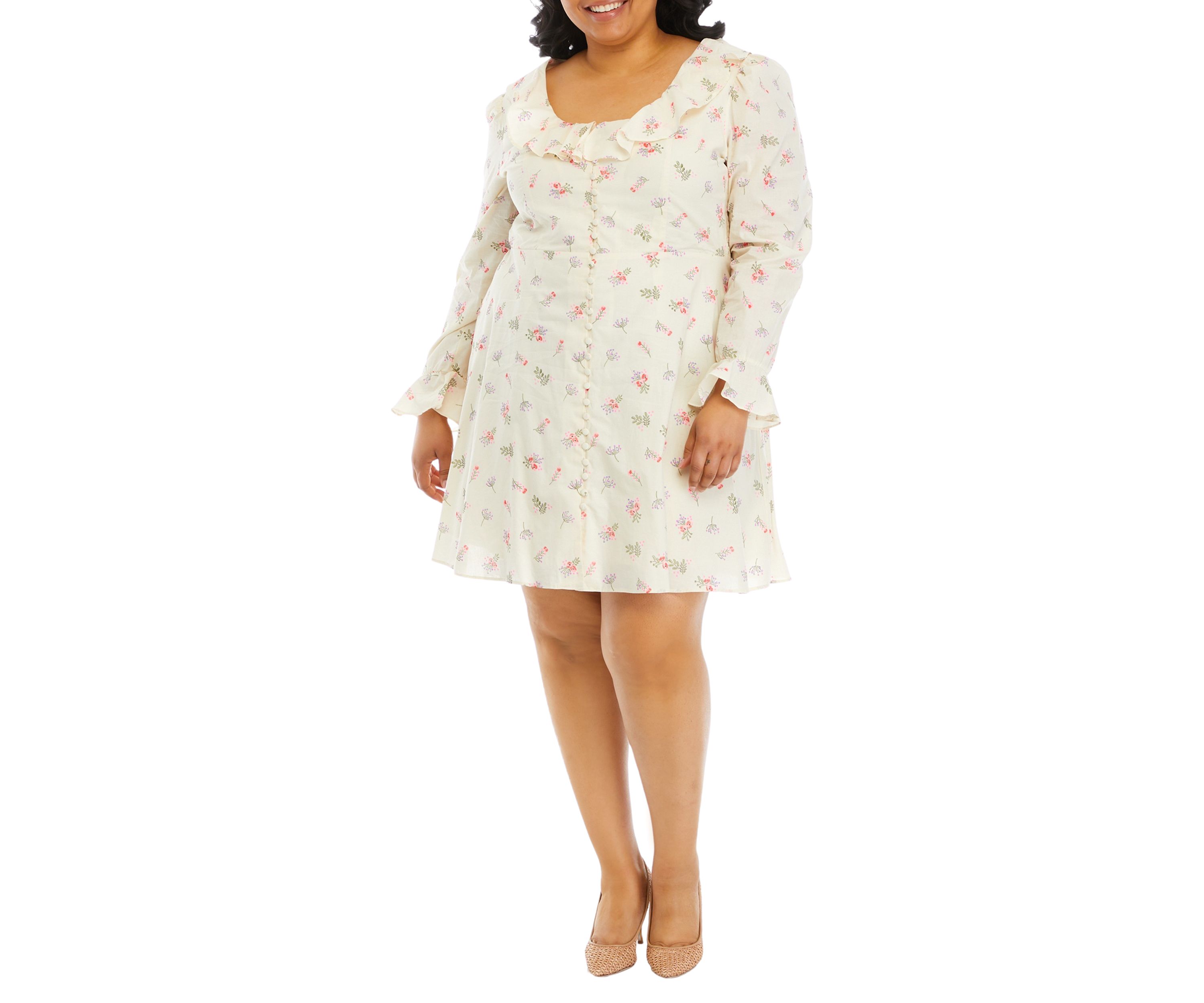ENGLISH FACTORY Plus Size Floral Ruffle Neck Mini Dress | Belk