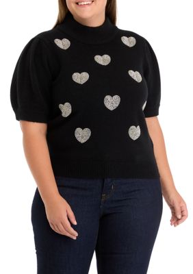 ENGLISH FACTORY Plus Size Beaded Heart Puff Sleeve Sweater | belk