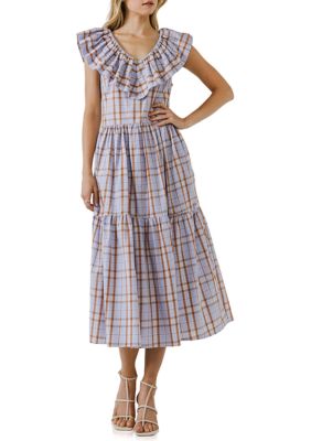 ENGLISH FACTORY Plaid Midi Dress With Ruffle Neckline | belk