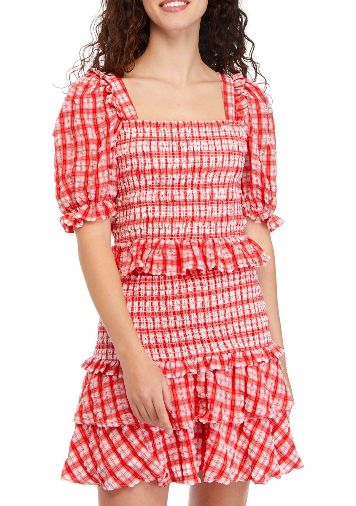 ENGLISH FACTORY Puff Sleeve Square Neck Checkered Smocked Top | Belk