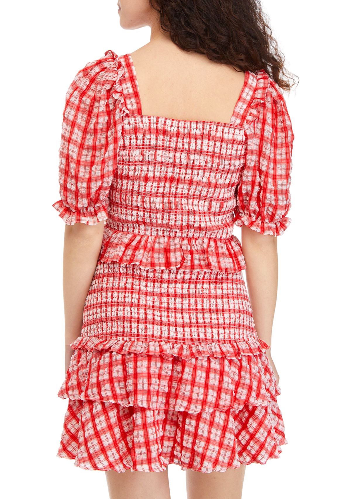 ENGLISH FACTORY Puff Sleeve Square Neck Checkered Smocked Top | Belk