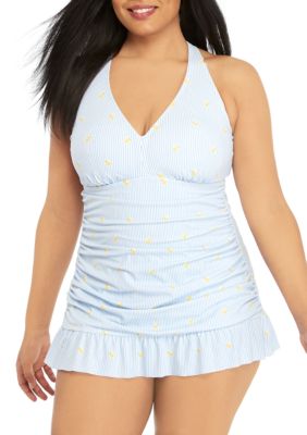 Crown & Ivy™ Plus Size Stripe Lemon Drop One Piece Swim Dress | belk