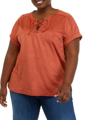 Cupio Plus Size Short Sleeve Lace Up Suede Top | belk