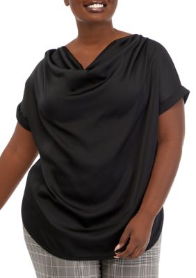 Cupio Plus Size Draped Cowl Neck Satin Front Top | belk