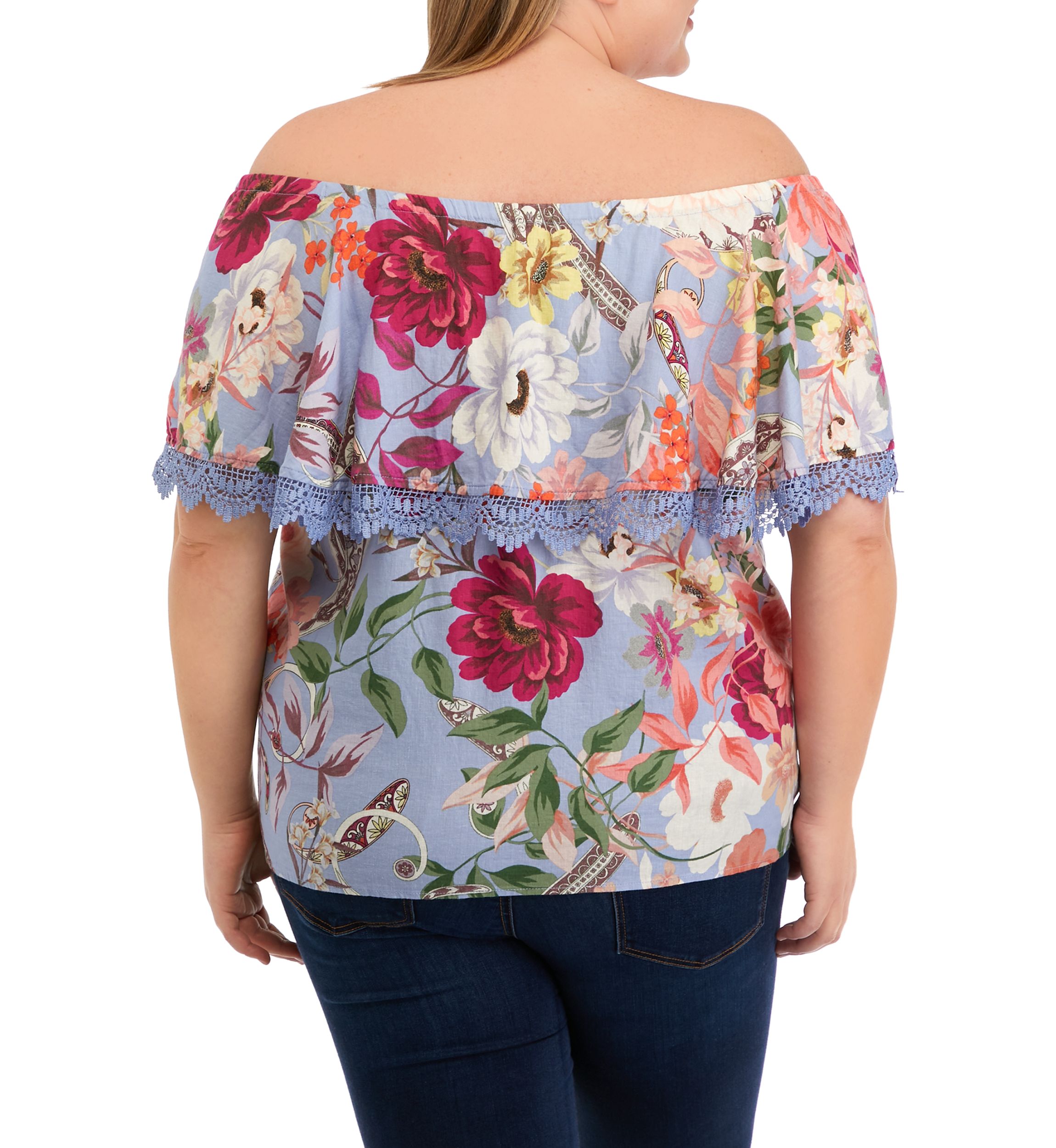 Cupio Plus Size Linen Printed Popover Top with Lace Details | Belk