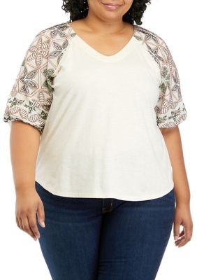 Cupio Plus Size Elbow Sleeve Embroidered V-Neck Top | belk