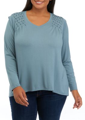 Cupio Plus Size V-Neck Lace Trim Top | belk