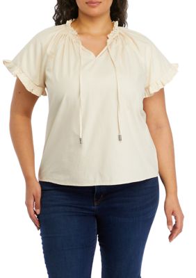 Cupio Plus Size Solid Split Neck Ruffle Blouse | belk