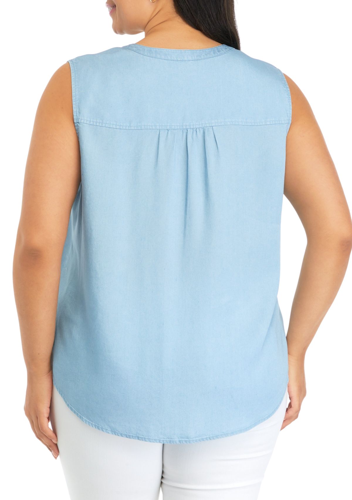 Kim Rogers® Plus Size Sleeveless Light Wash Chambray Woven Shirt | Belk