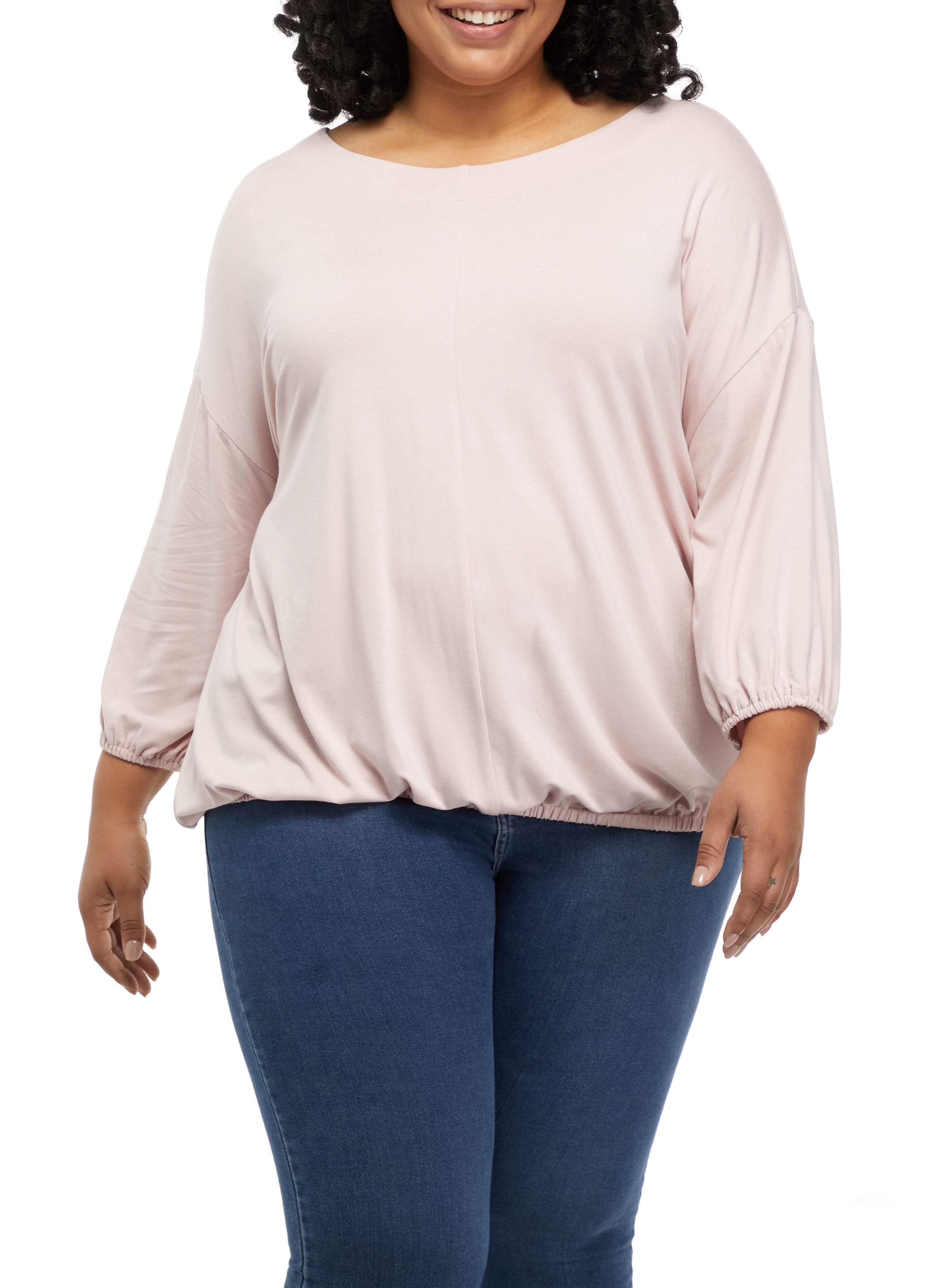 Wonderly Plus Size Solid Banded Hem Balloon Sleeve Top | Belk