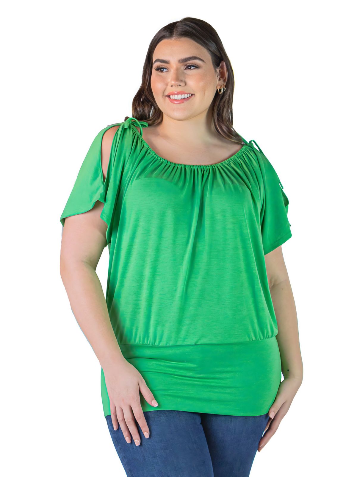 24seven Comfort Apparel Plus Size Womens Solid Color Short Sleeve Split ...