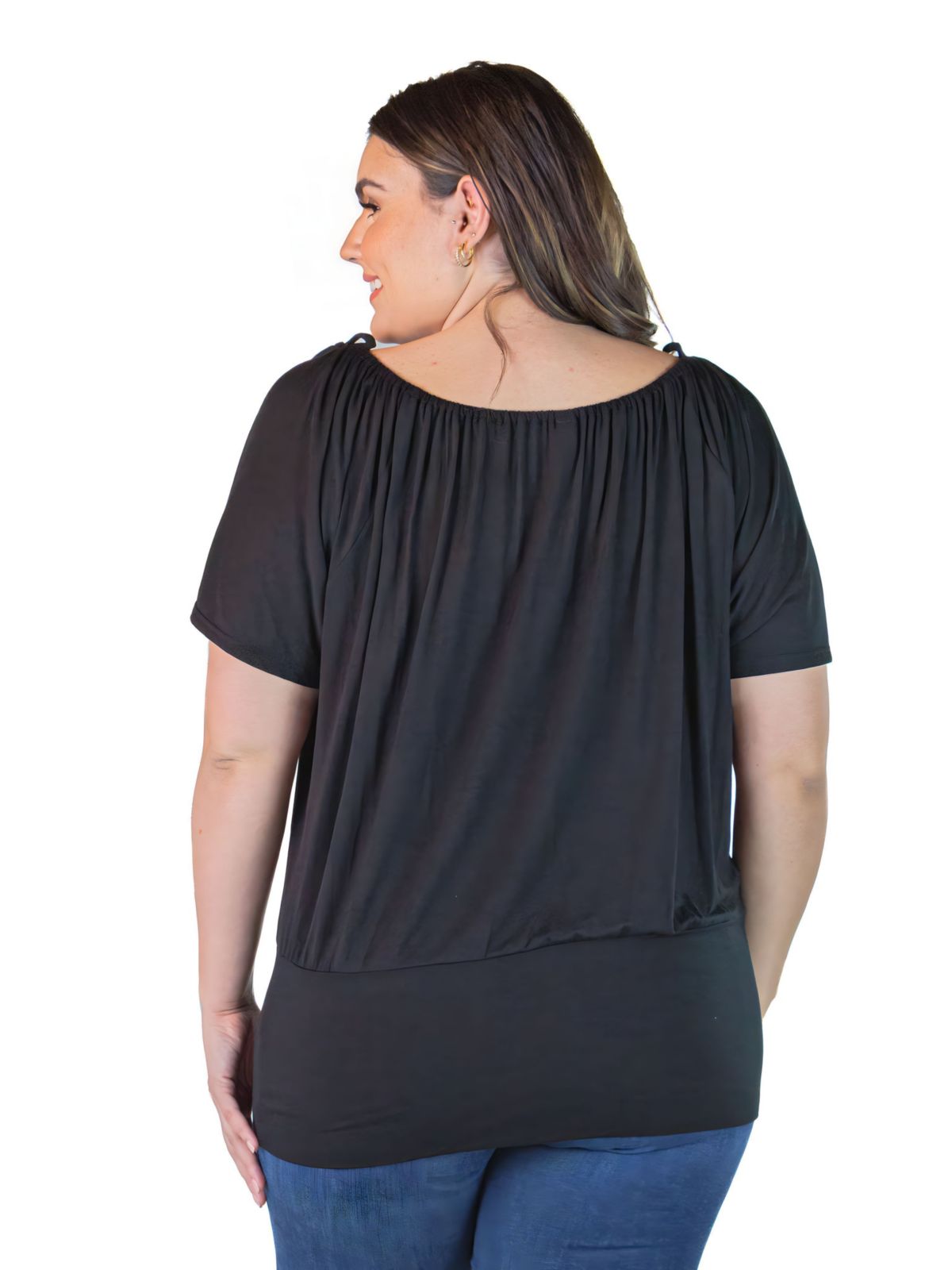 24seven Comfort Apparel Plus Size Short Sleeve Split Shoulder Top | Belk