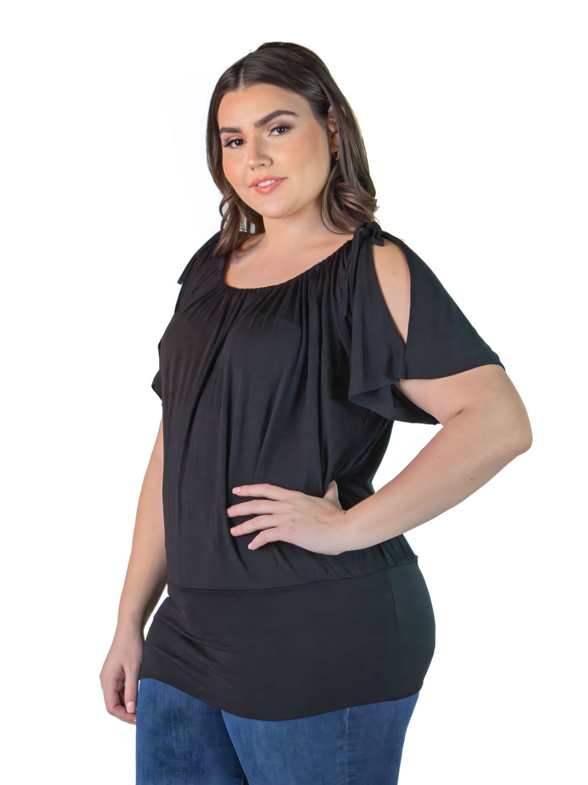 24seven Comfort Apparel Plus Size Short Sleeve Split Shoulder Top | Belk