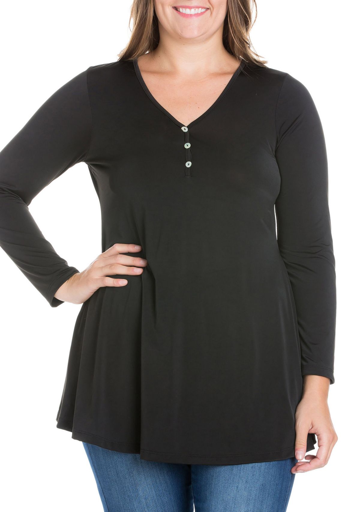 24seven Comfort Apparel Plus Size Flared Long Sleeve Henley Tunic Top ...