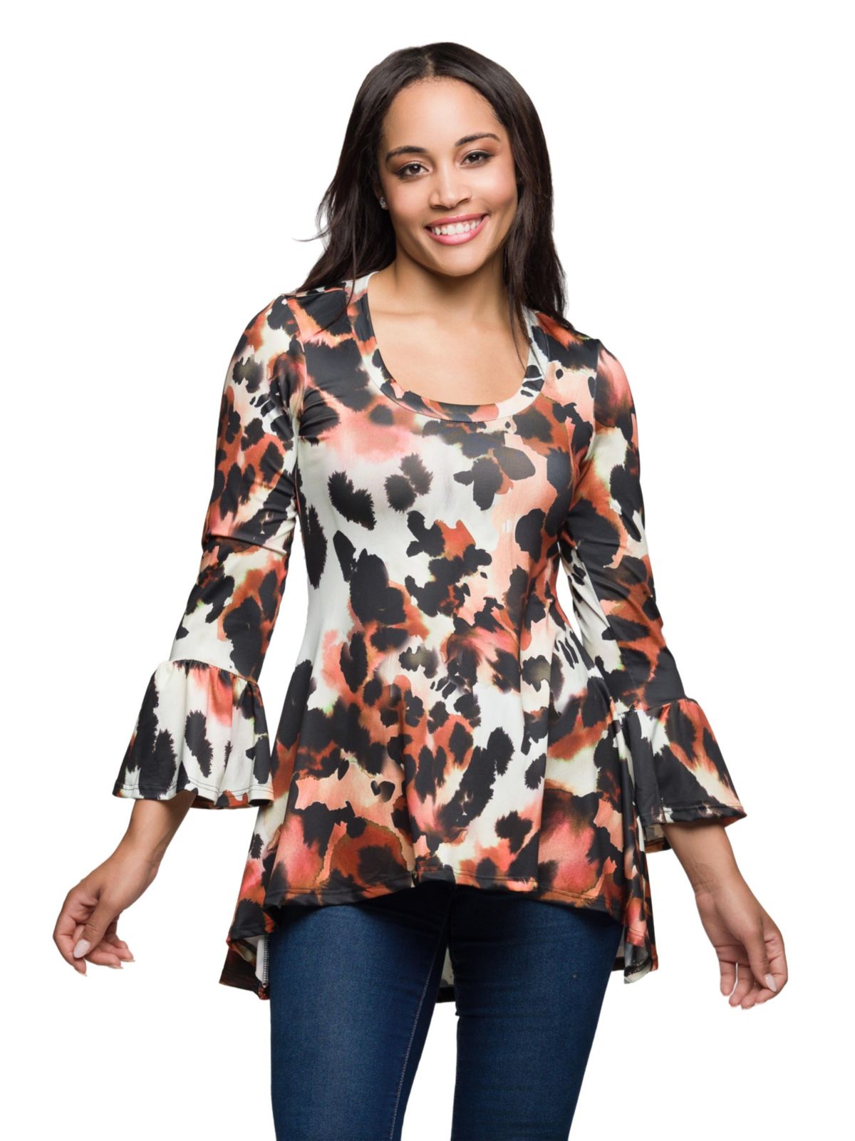 24seven Comfort Apparel Womens Scoop Neck Bell Sleeve Tunic Top Animal ...
