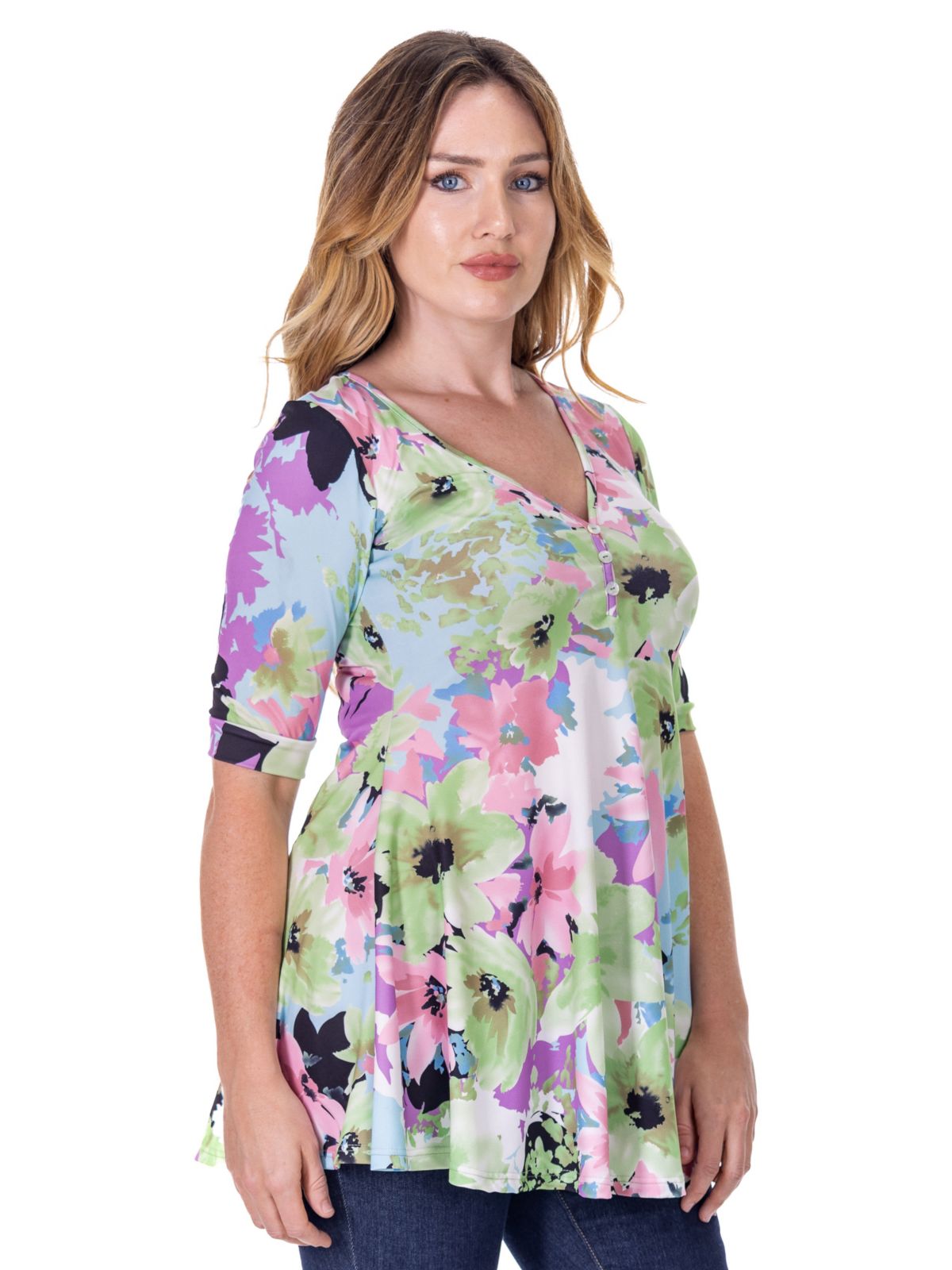 24seven Comfort Apparel Pastel Color Floral Elbow Sleeve V Neck Henley ...