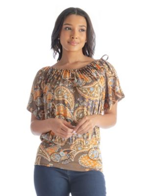 24seven Comfort Apparel Womens Brown Paisley Short Sleeve Split ...