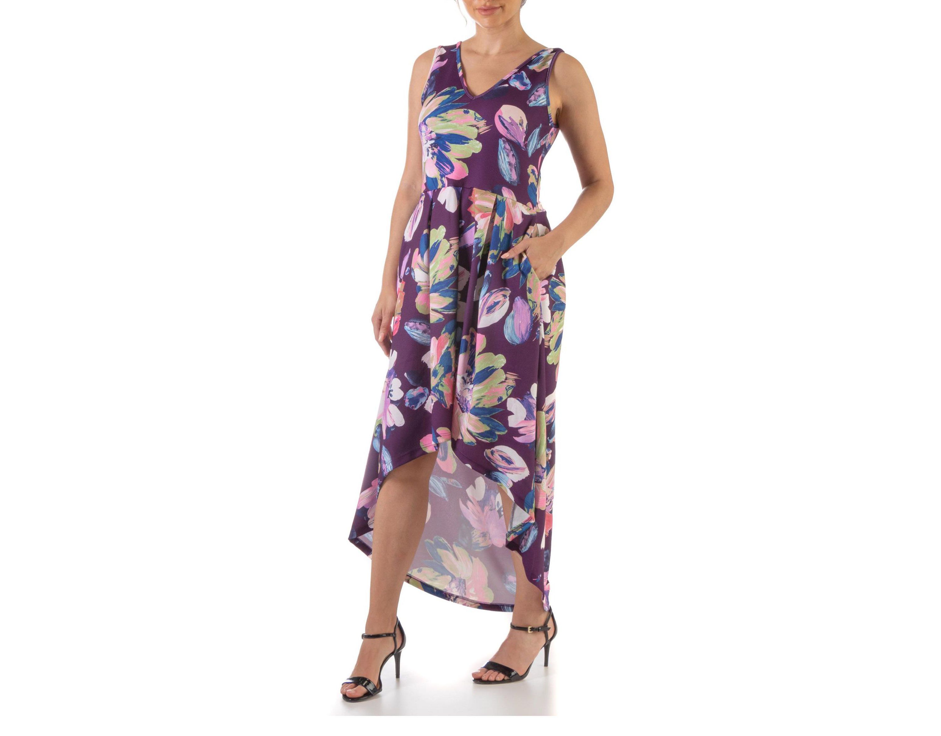24seven Comfort Apparel Purple Sleeveless Pleated High Low Pocket Dress ...