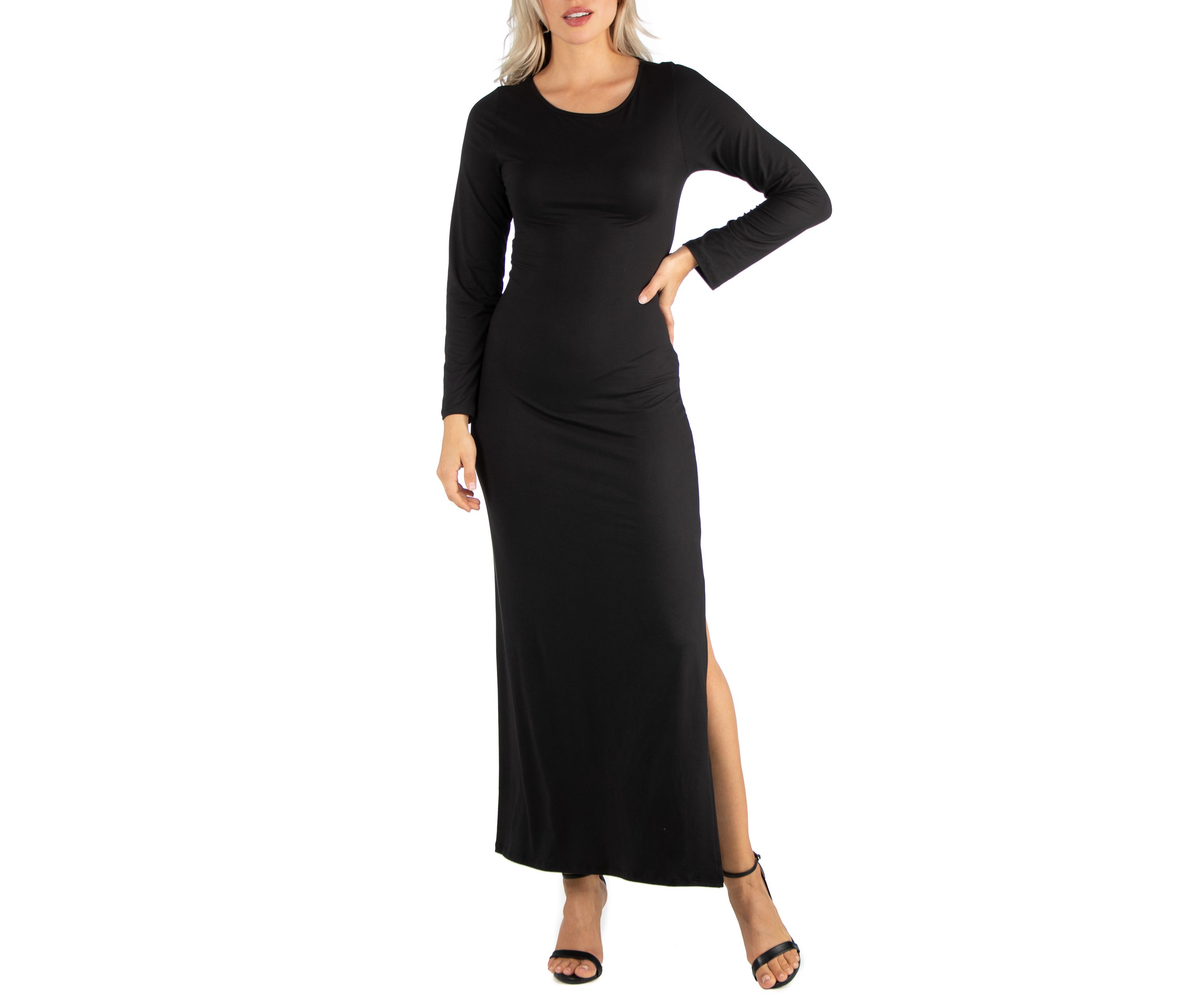 24seven Comfort Apparel Women's Form Fitting Long Sleeve Side Slit Maxi ...