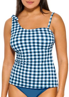 Crown & Ivy™ Gidget Gingham Knot One Shoulder Tankini Swim Top | belk