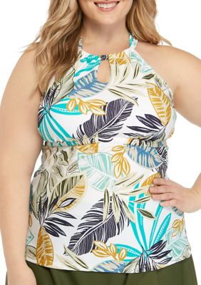 New Directions® Plus Size Tropical Spring High Neck Keyhole Swim ...