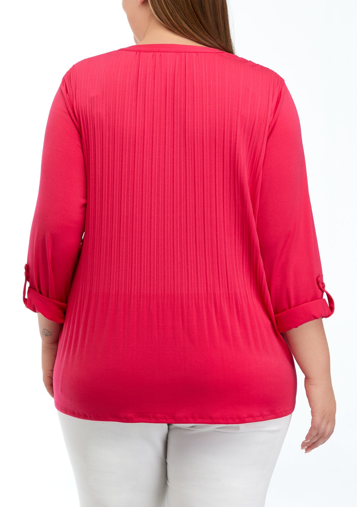 Kim Rogers® Plus Size Roll Tab Sleeve Henley Pleated Top | Belk