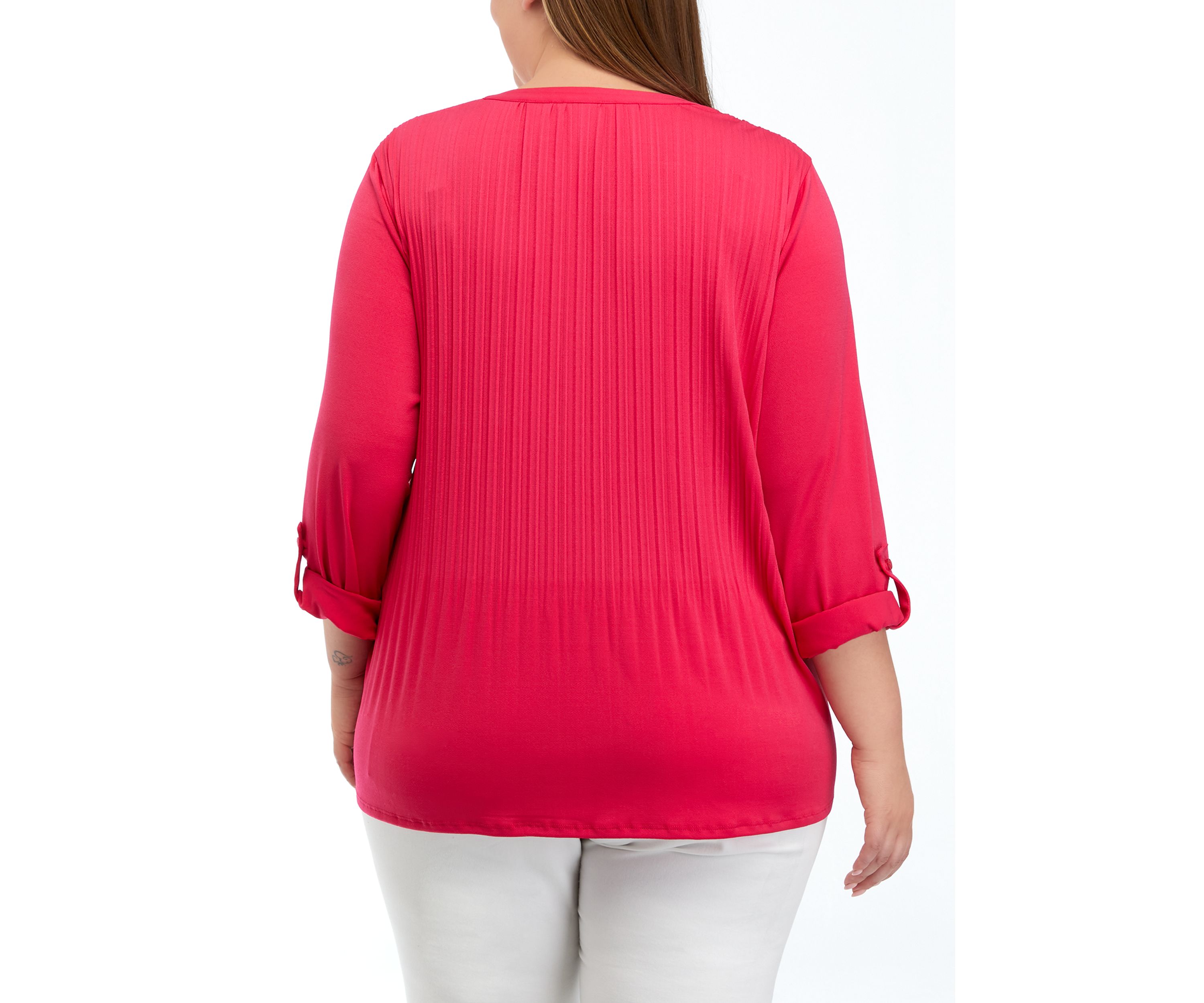 Kim Rogers® Plus Size Roll Tab Sleeve Henley Pleated Top | Belk