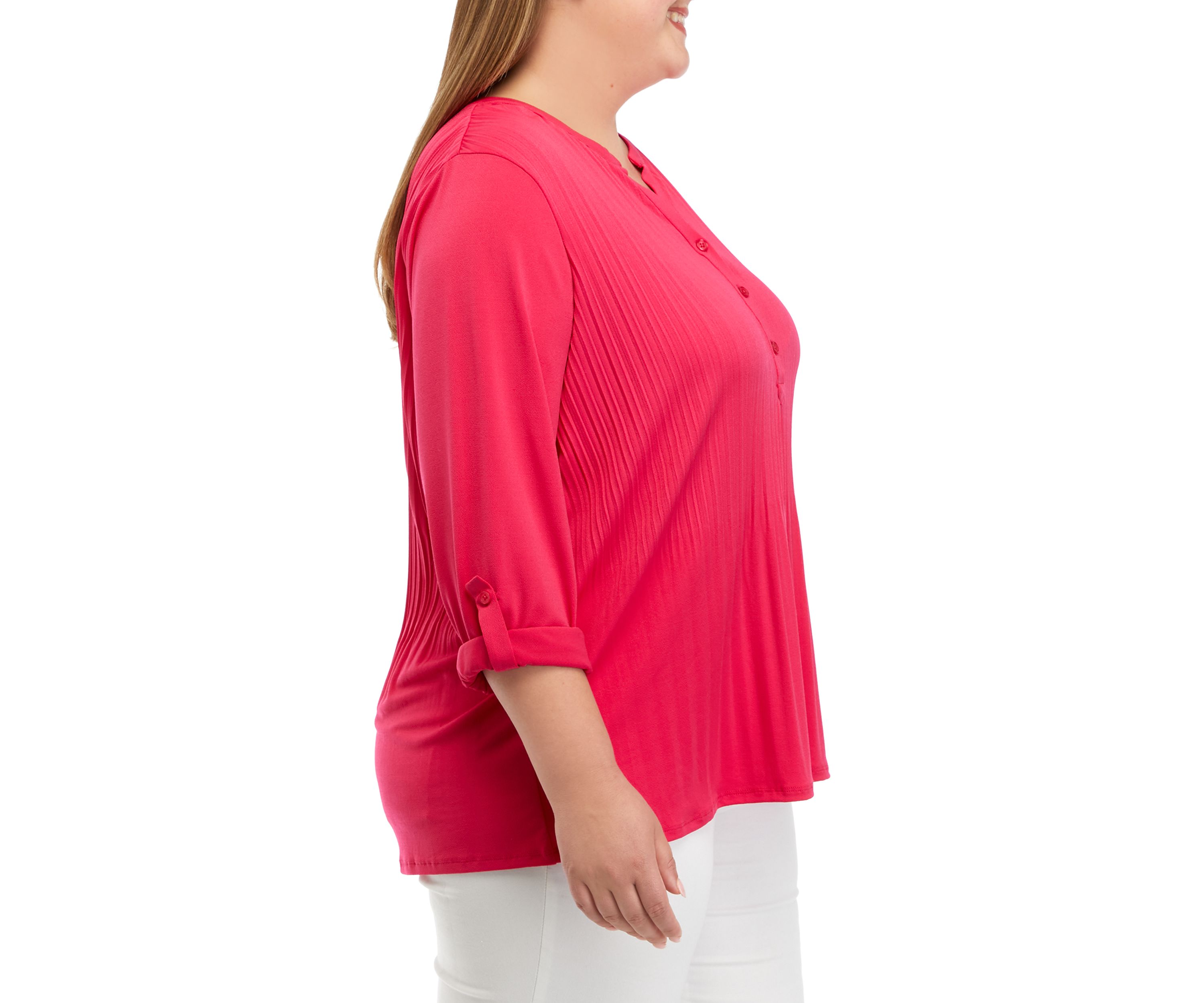 Kim Rogers® Plus Size Roll Tab Sleeve Henley Pleated Top | Belk