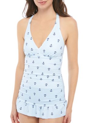 Crown & Ivy™ Anchor Stripe Cross Back Ruffle Swim Dress | belk